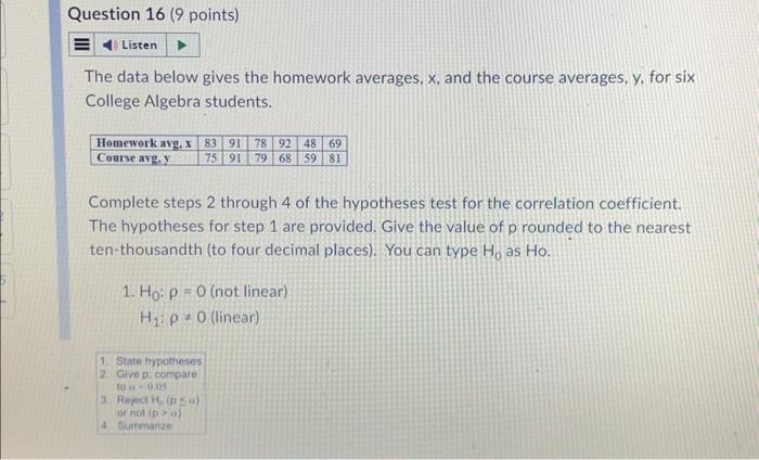 Solved The data below gives the homework averages, x, and | Chegg.com