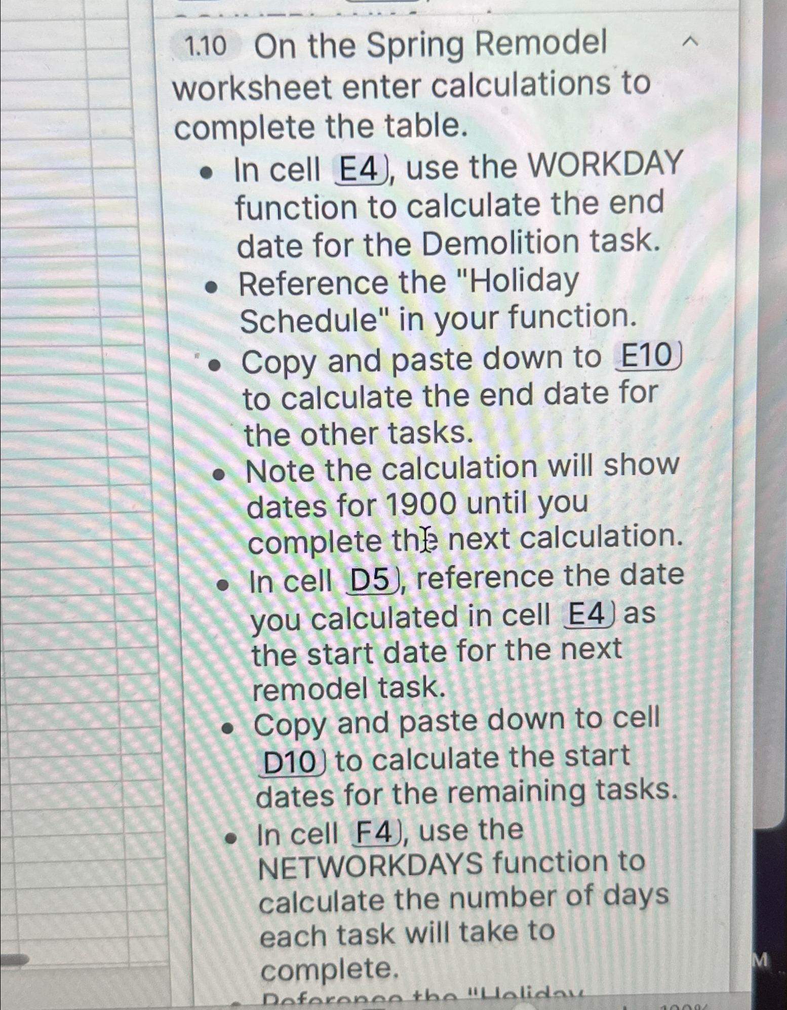 Solved 1.10 ﻿On the Spring Remodel worksheet enter | Chegg.com