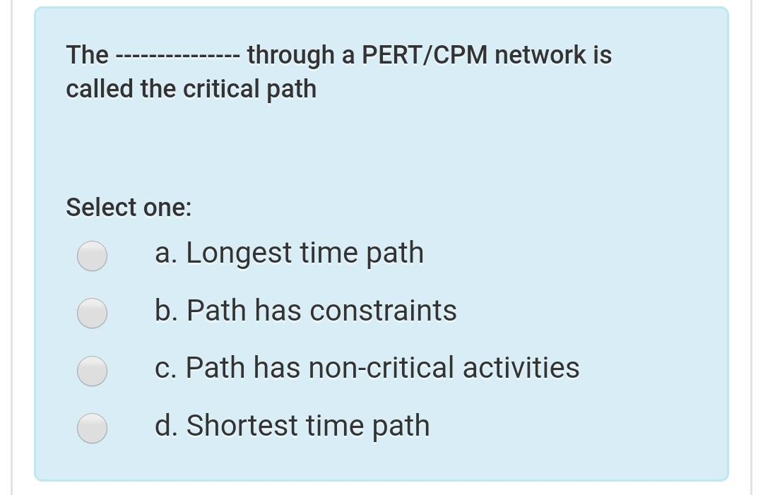 Solved The through a PERT/CPM network is called the critical | Chegg.com