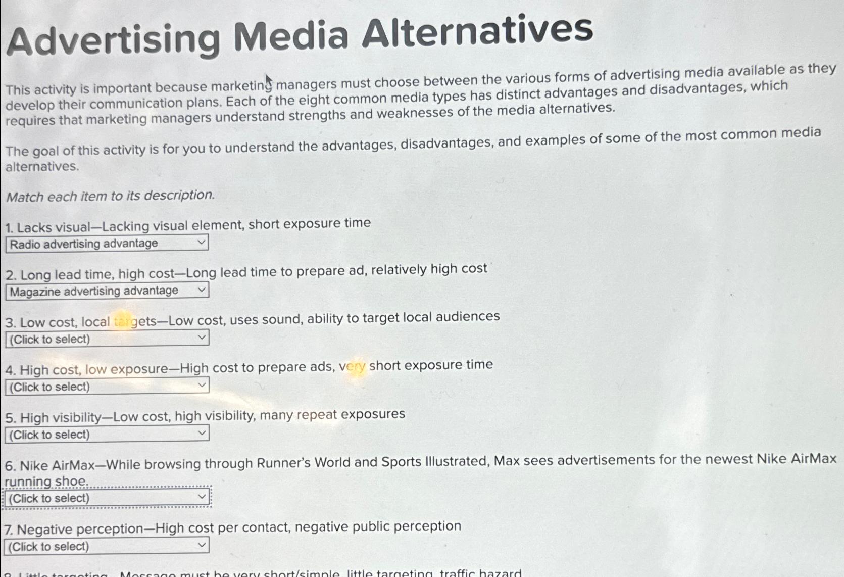 Solved Advertising Media AlternativesThis activity is | Chegg.com