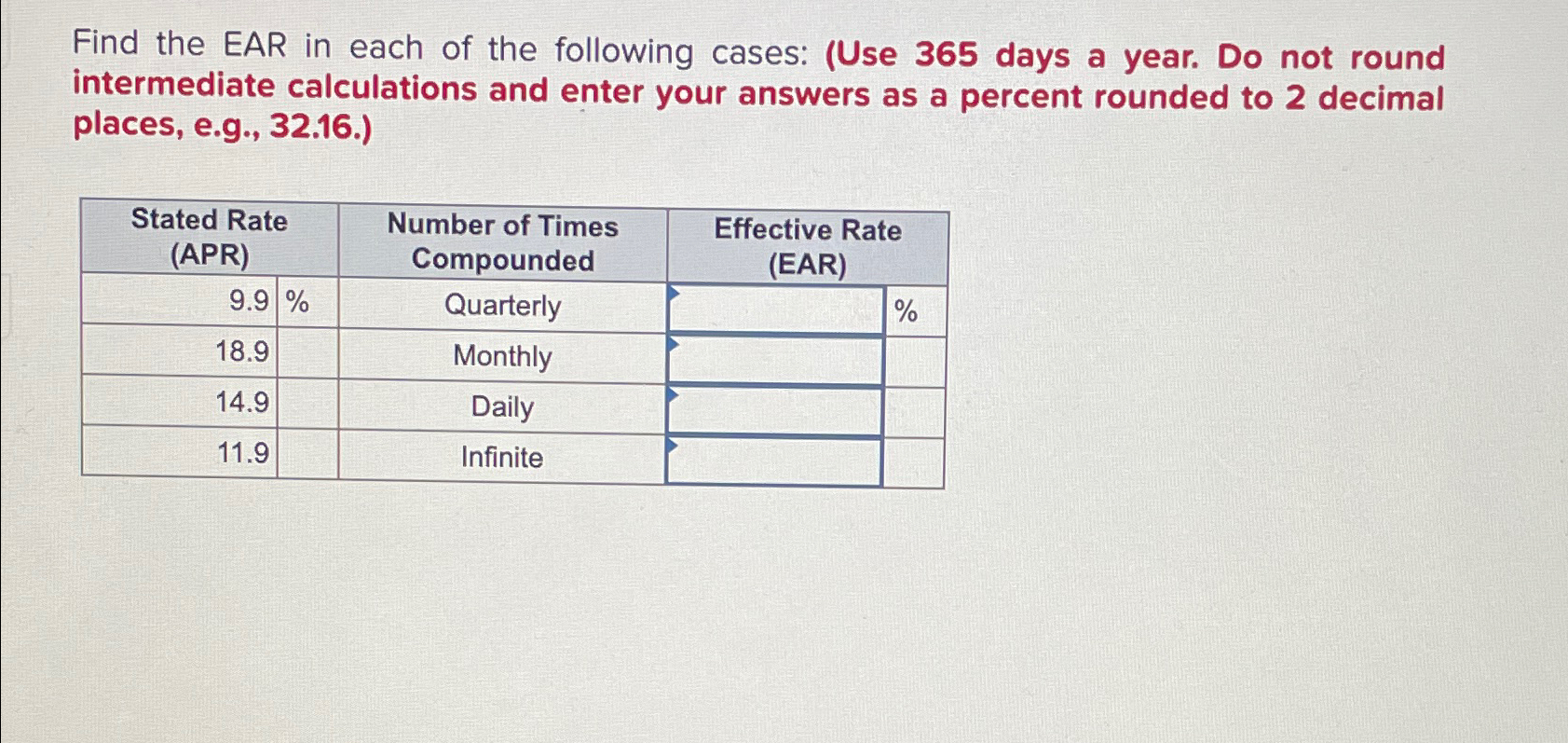 Solved Find the EAR in each of the following cases: (Use 365 | Chegg.com