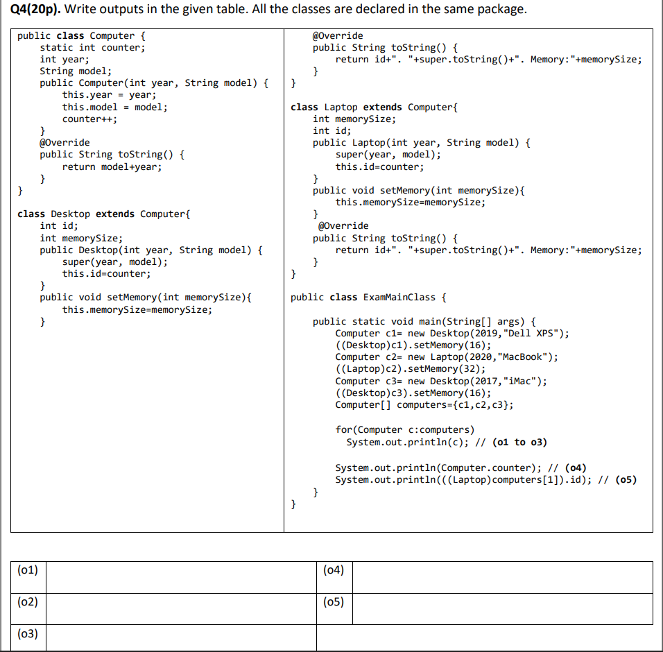 Solved Q4(20p). Write outputs in the given table. All the | Chegg.com