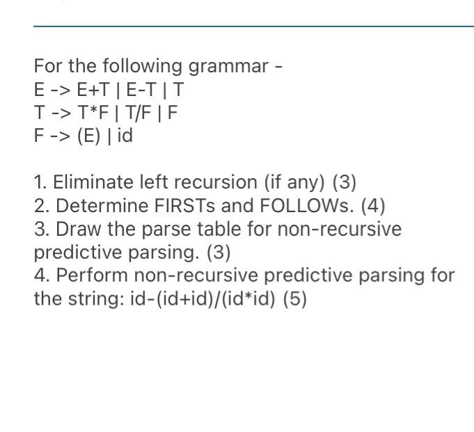 Solved For the following grammar - E -> E+TE-TT T-> T*F | | Chegg.com