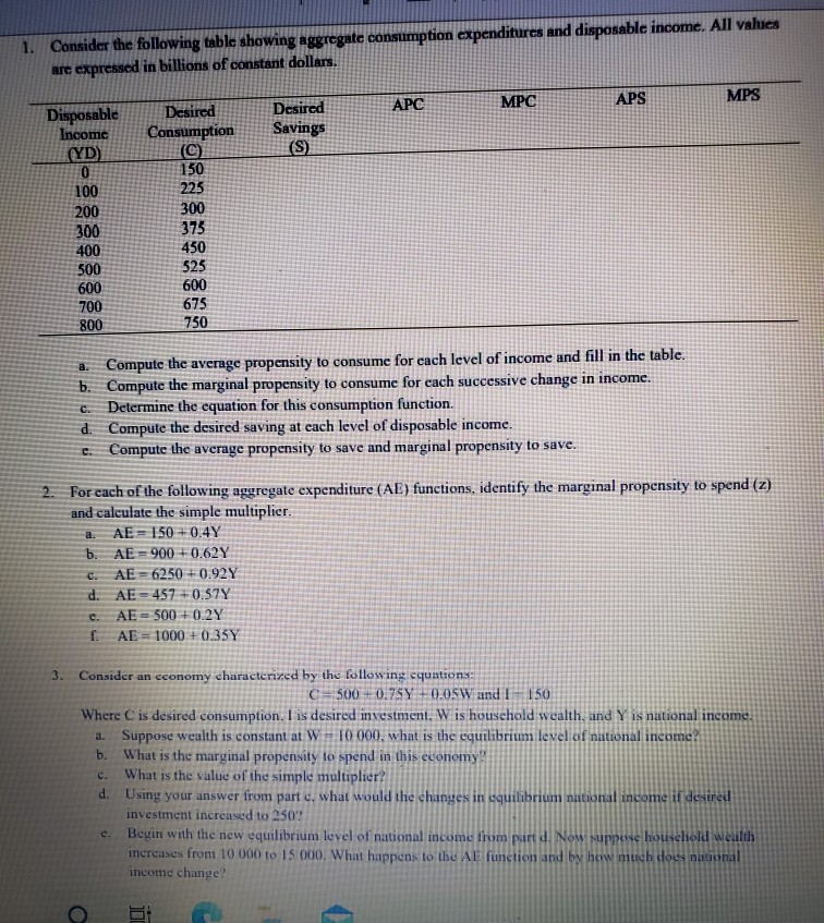 Solved 1. Consider the following table showing aggregate | Chegg.com