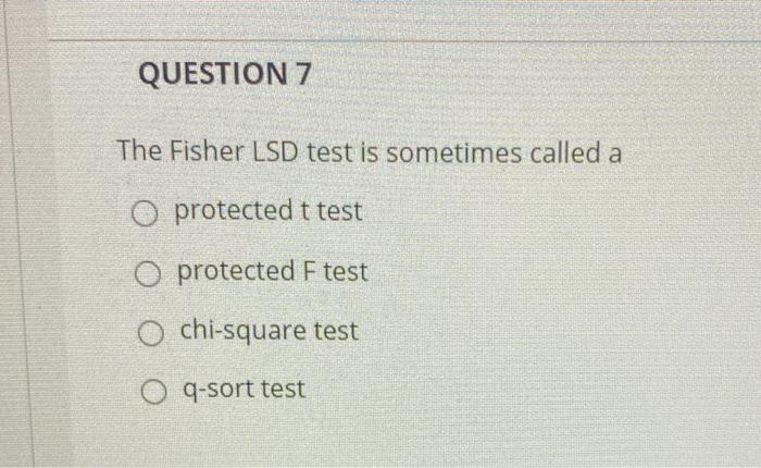 Solved QUESTION 7 The Fisher LSD test is sometimes called a | Chegg.com