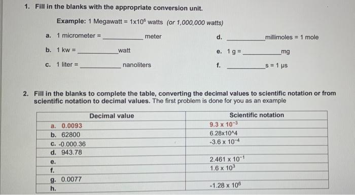 Solved 1. Fill in the blanks with the appropriate conversion | Chegg.com