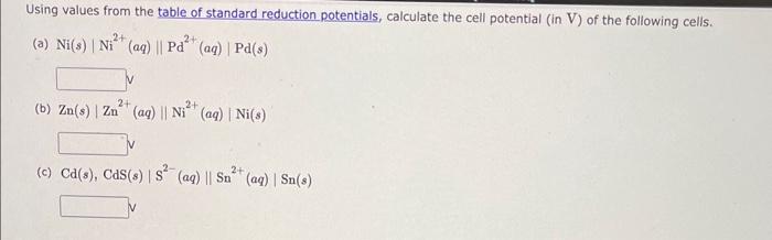 Solved Using values from the table of standard reduction | Chegg.com