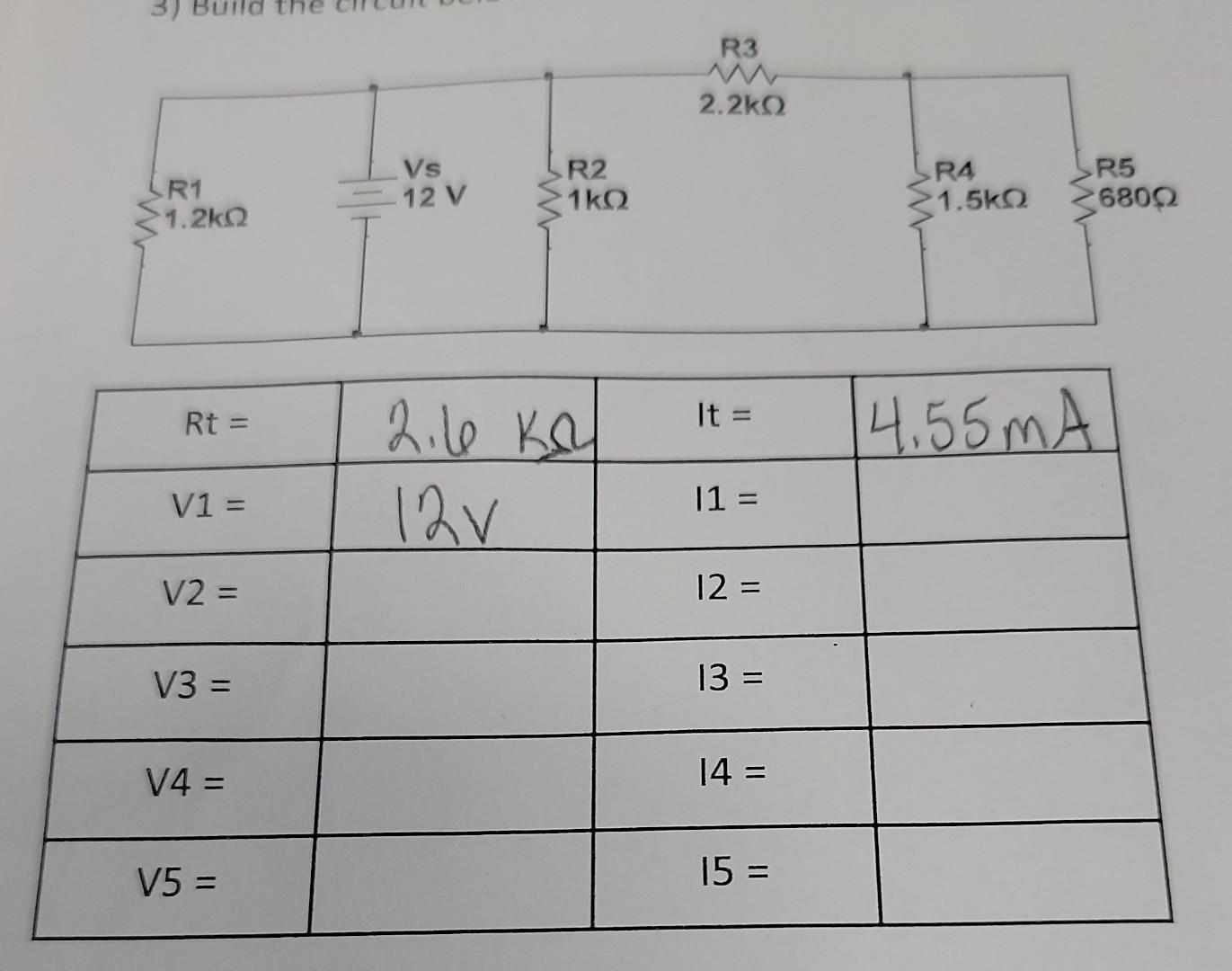 Solved 3) Build R3 2.2k R1 1.2kΩ Vs 12 V R2 1kΩ R4 1.5ko R5 | Chegg.com