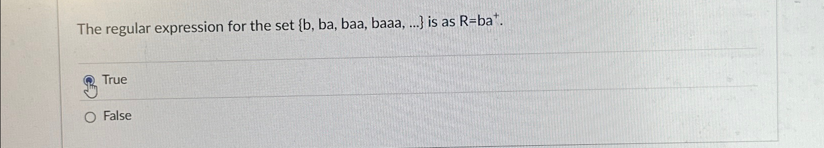 Solved The regular expression for the set , ﻿ba, ﻿baa, baaa, | Chegg.com