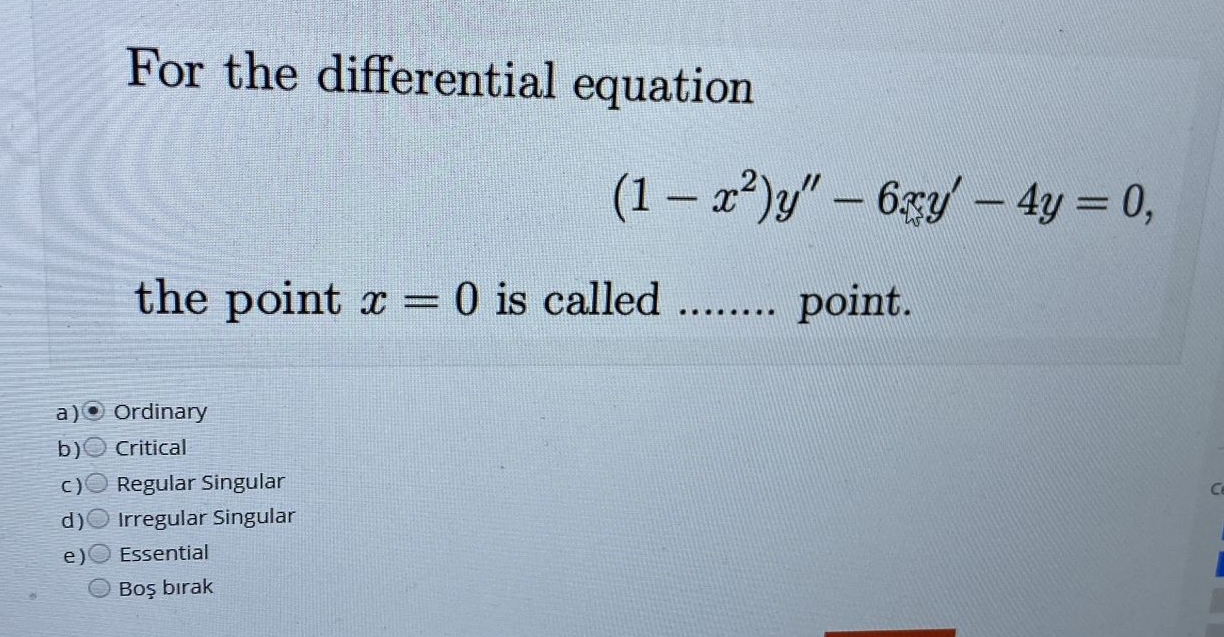 Solved For the differential equation(1-x2)y''-6xy'-4y=0,the | Chegg.com