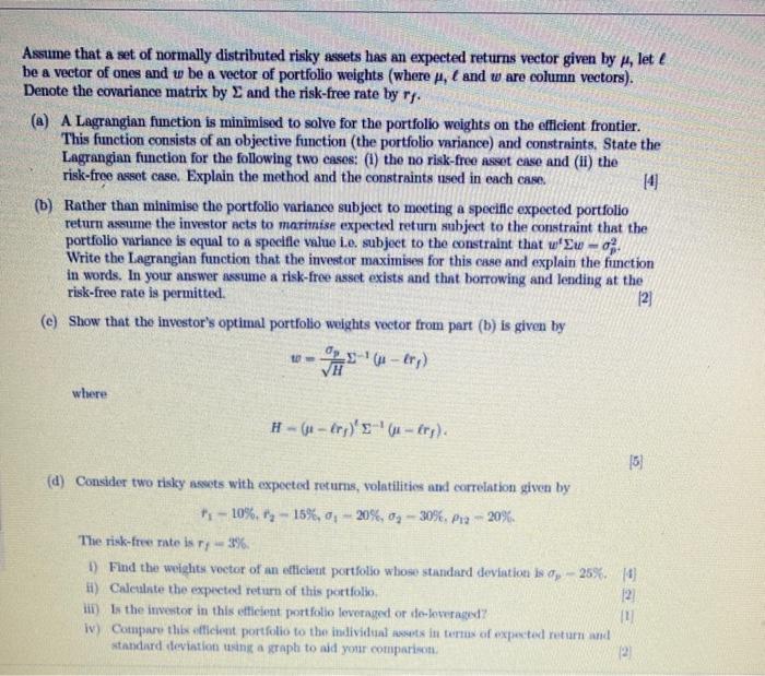 Assume that a set of normally distributed risky | Chegg.com