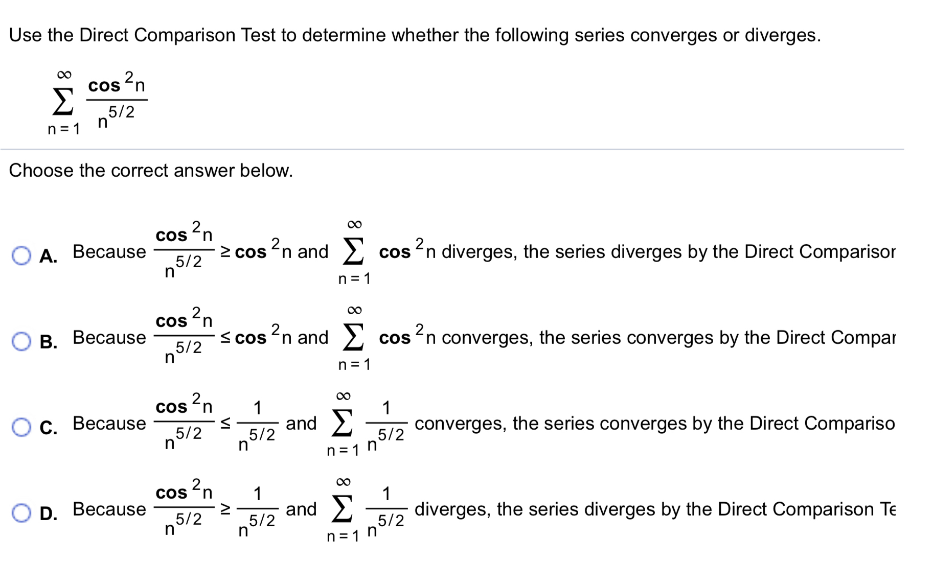Solved Use the Direct Comparison Test to determine whether | Chegg.com