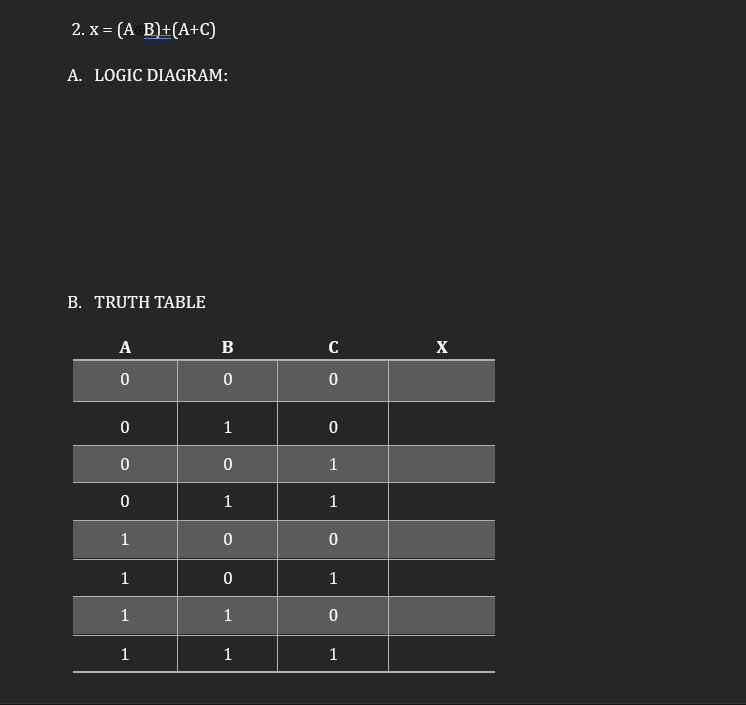 x=(AB)+(A+C)A. ﻿LOGIC DIAGRAM:B. ﻿TRUTH TABLE | Chegg.com