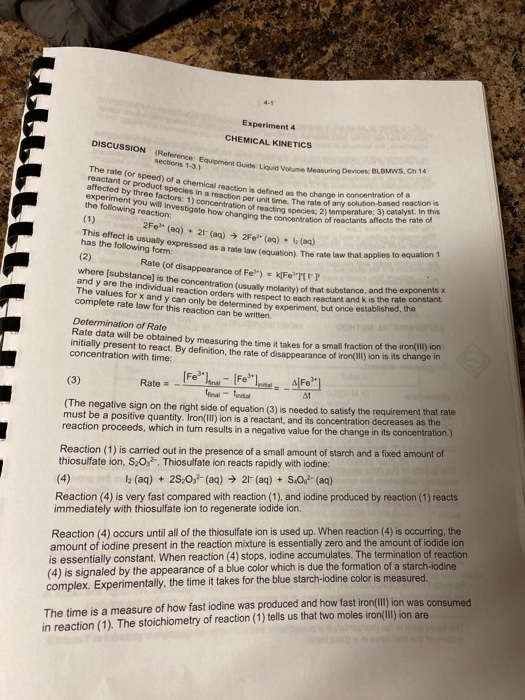 4 CHEMICAL KINETICS Pre-Lab Assignment NAME 1415 | Chegg.com