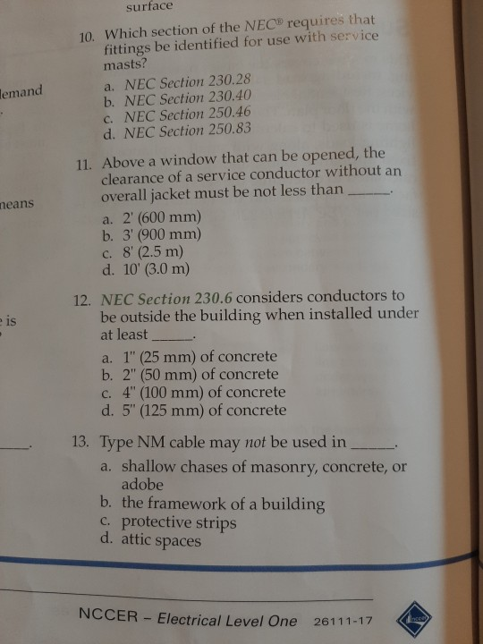 Solved surface 10. Which section of the NEC requires that | Chegg.com