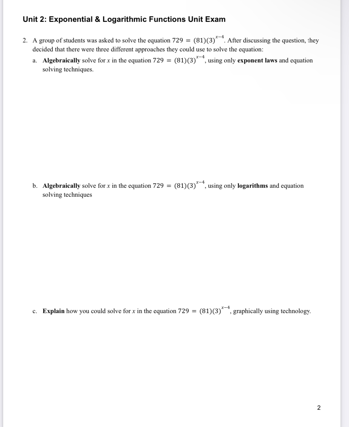 Solved Unit 2: Exponential & Logarithmic Functions Unit | Chegg.com