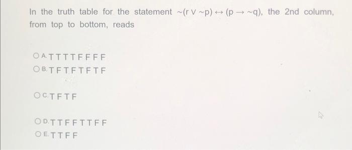 Solved In the truth table for the statement ∼(r∨∼p)↔(p→∼q), | Chegg.com