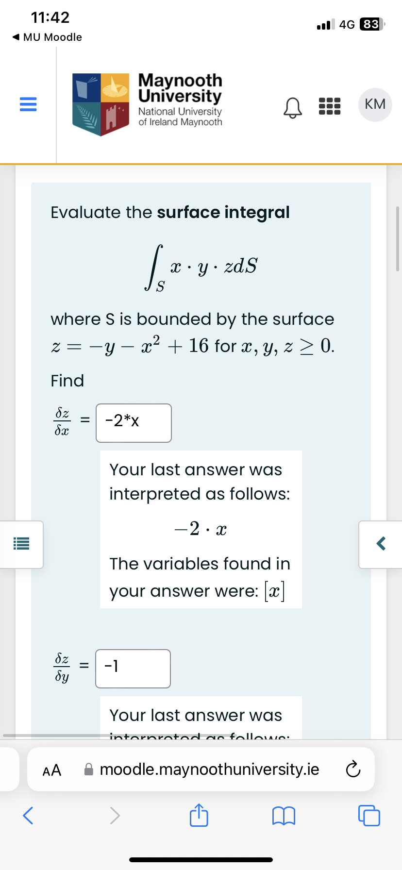 Solved 11:424GMU Moodle= ﻿NathEvaluate the surface | Chegg.com
