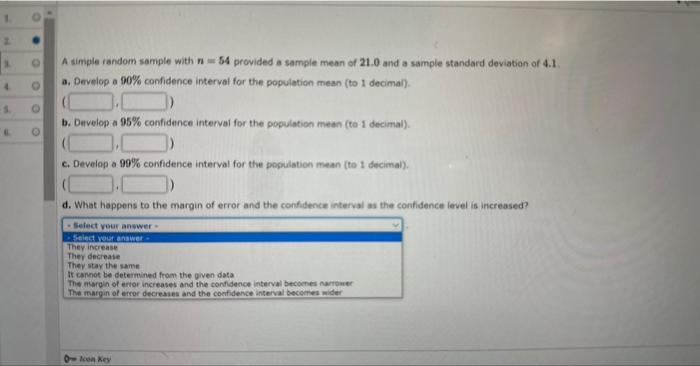 Solved A simple random sample with n=54 provided a sample | Chegg.com