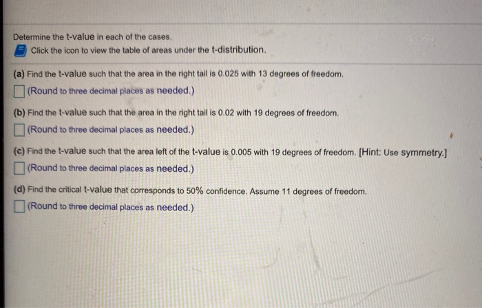Solved Determine the t-value in each of the cases. Click the | Chegg.com