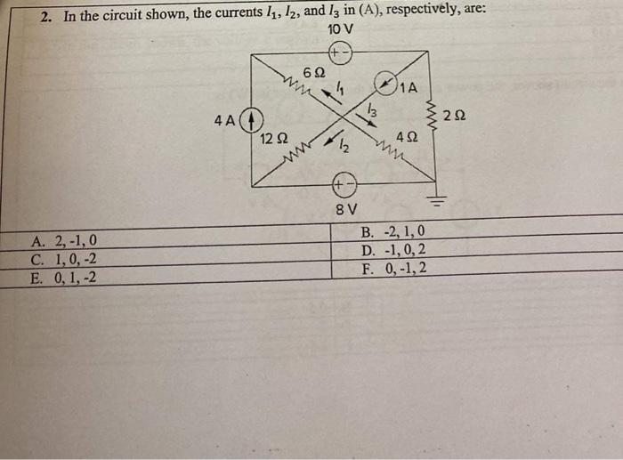 Solved 2. In the circuit shown, the currents I1,I2, and I3 | Chegg.com