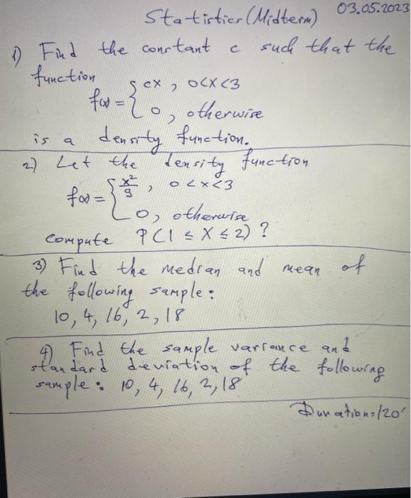 Solved Statisticr (Midterm) Find the constant c such that | Chegg.com