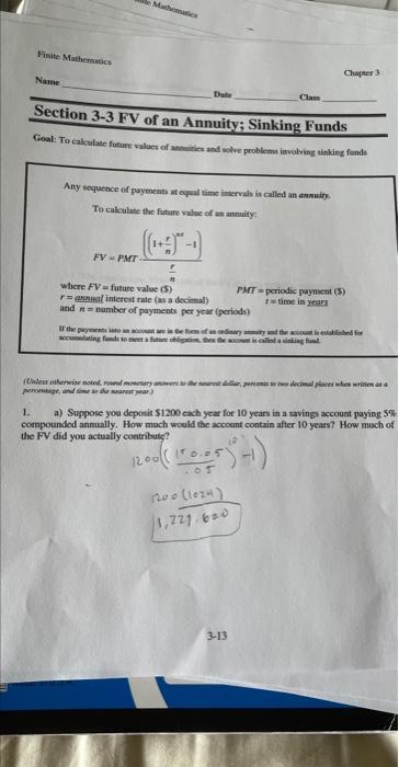 Solved Finite Mathematics 1. Name Mathematics Date Section | Chegg.com