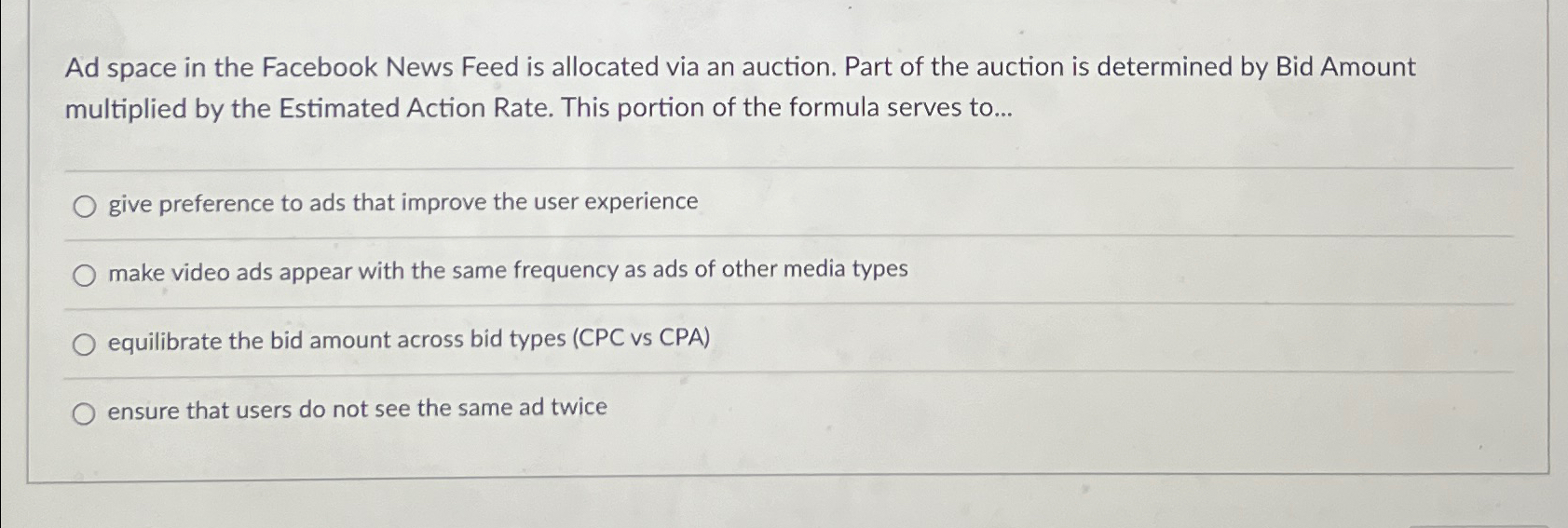 Solved Ad space in the Facebook News Feed is allocated via | Chegg.com
