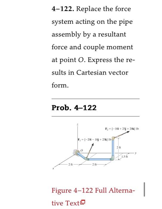 Solved 4-122. Replace the force system acting on the pipe | Chegg.com