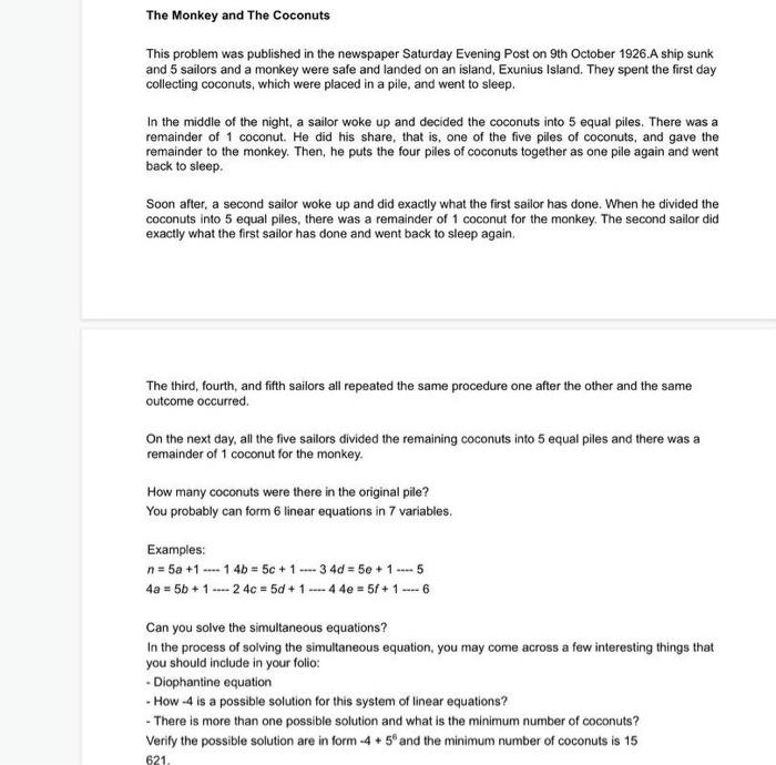 Solved The Monkey and The Coconuts This problem was | Chegg.com