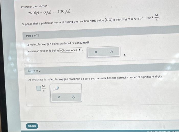 Solved Consider the reaction: 2NO(g)+O2(g)→2NO2(g) Suppose | Chegg.com