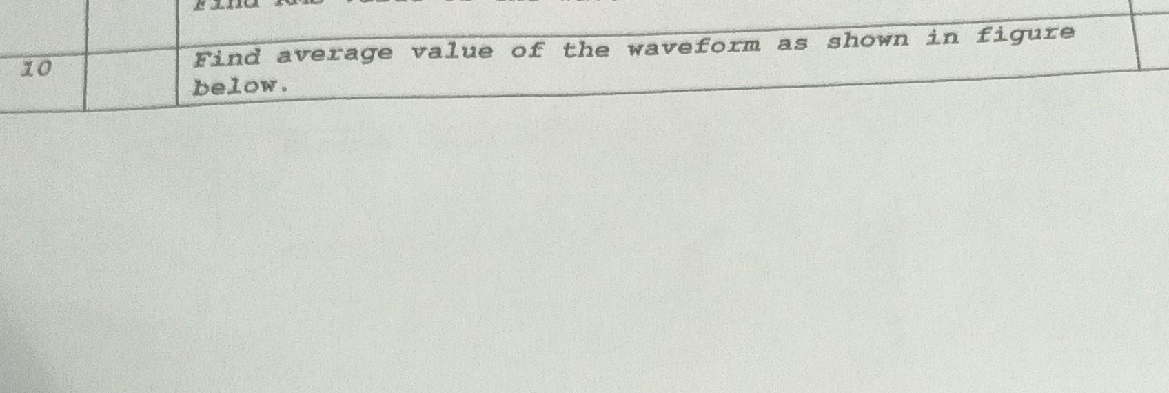 Solved 10 Find average value of the wavefoxm as shown in | Chegg.com Solved 10 Find average value of the wavefoxm as shown in | Chegg.com