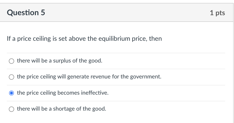 Solved Question 5If a price ceiling is set above the | Chegg.com