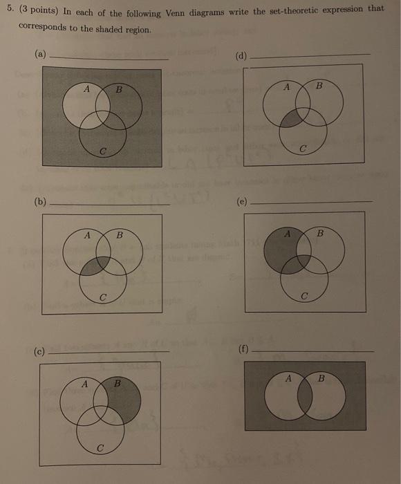 Solved 5. (3 points) In each of the following Venn diagrams | Chegg.com