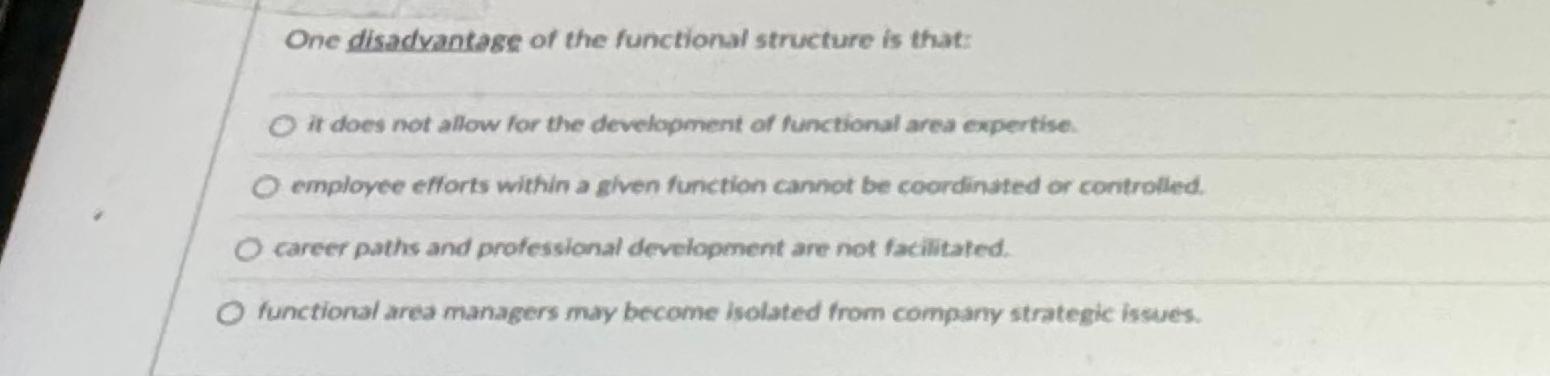 Solved One disadvantage of the functional structure is | Chegg.com