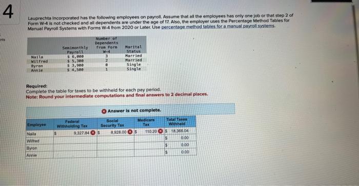 Solved Lauprechta Incorporated has the following employees | Chegg.com