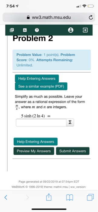 Solved 7:54 1 ww3.math.msu.edu Problem 2 Problem Value: 1 | Chegg.com