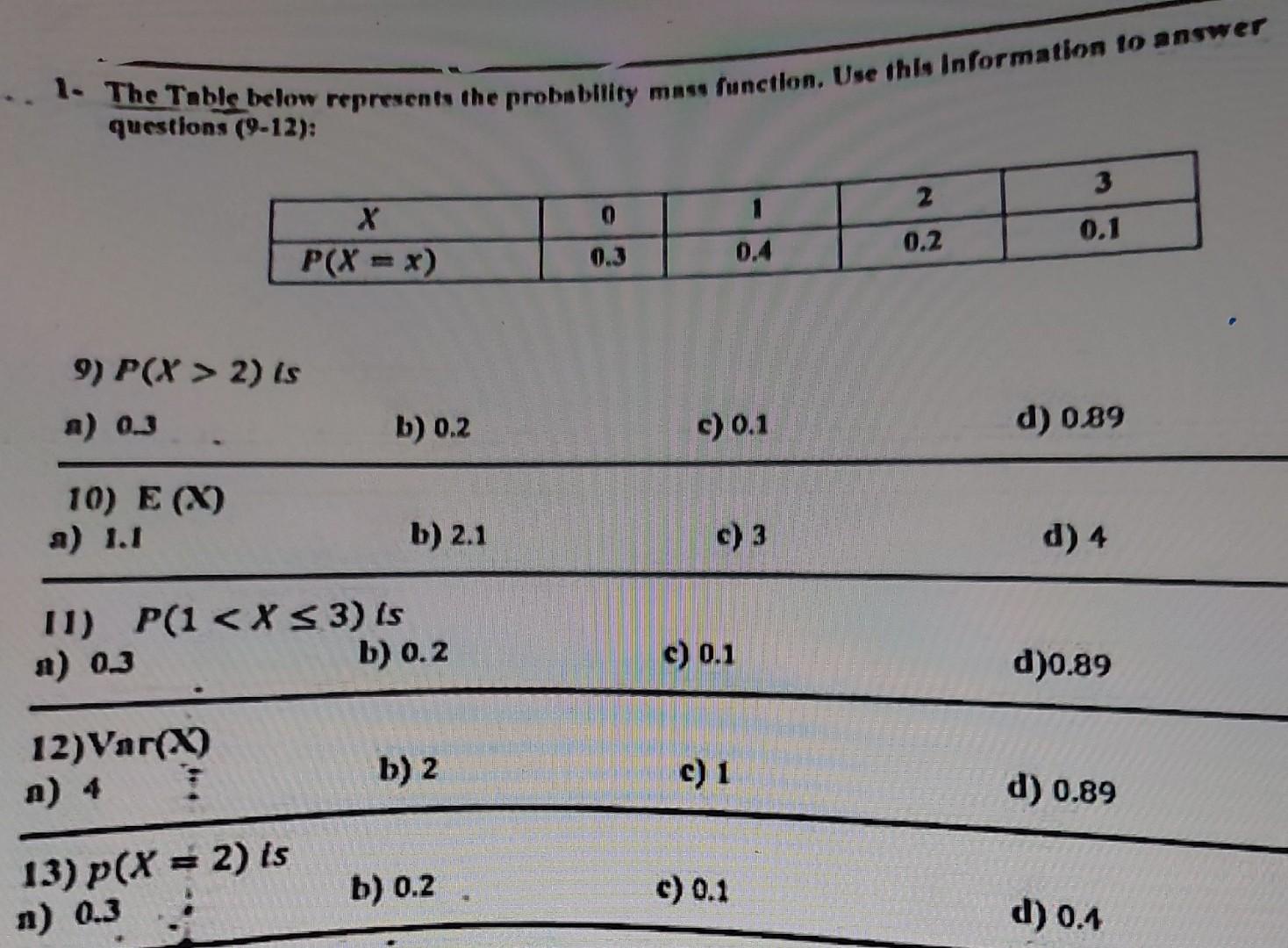 Solved 1. The Table below represents the probability mass | Chegg.com
