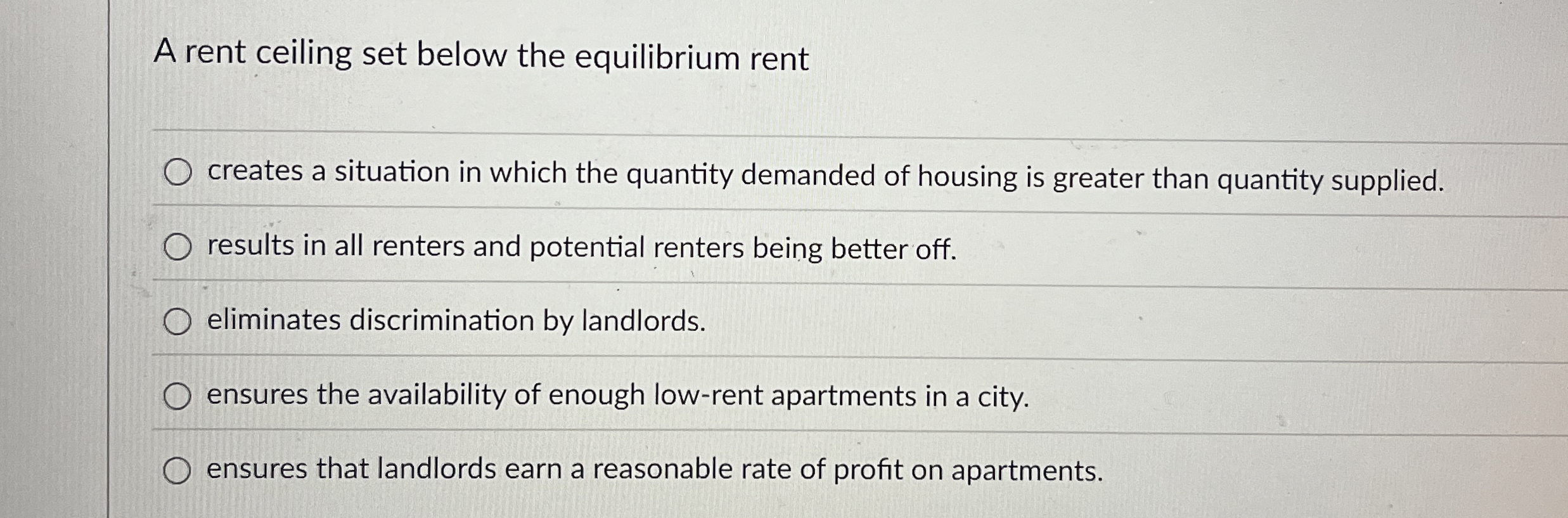 Solved A rent ceiling set below the equilibrium rentcreates | Chegg.com