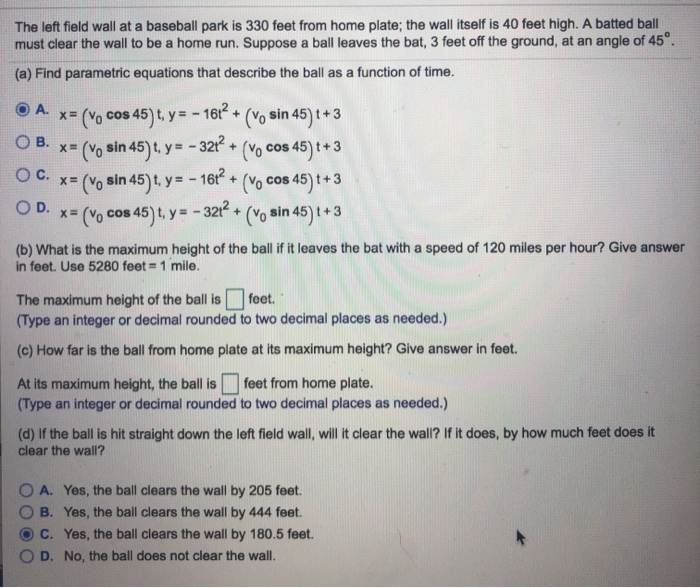 Solved The left field wall at a baseball park is 330 feet | Chegg.com