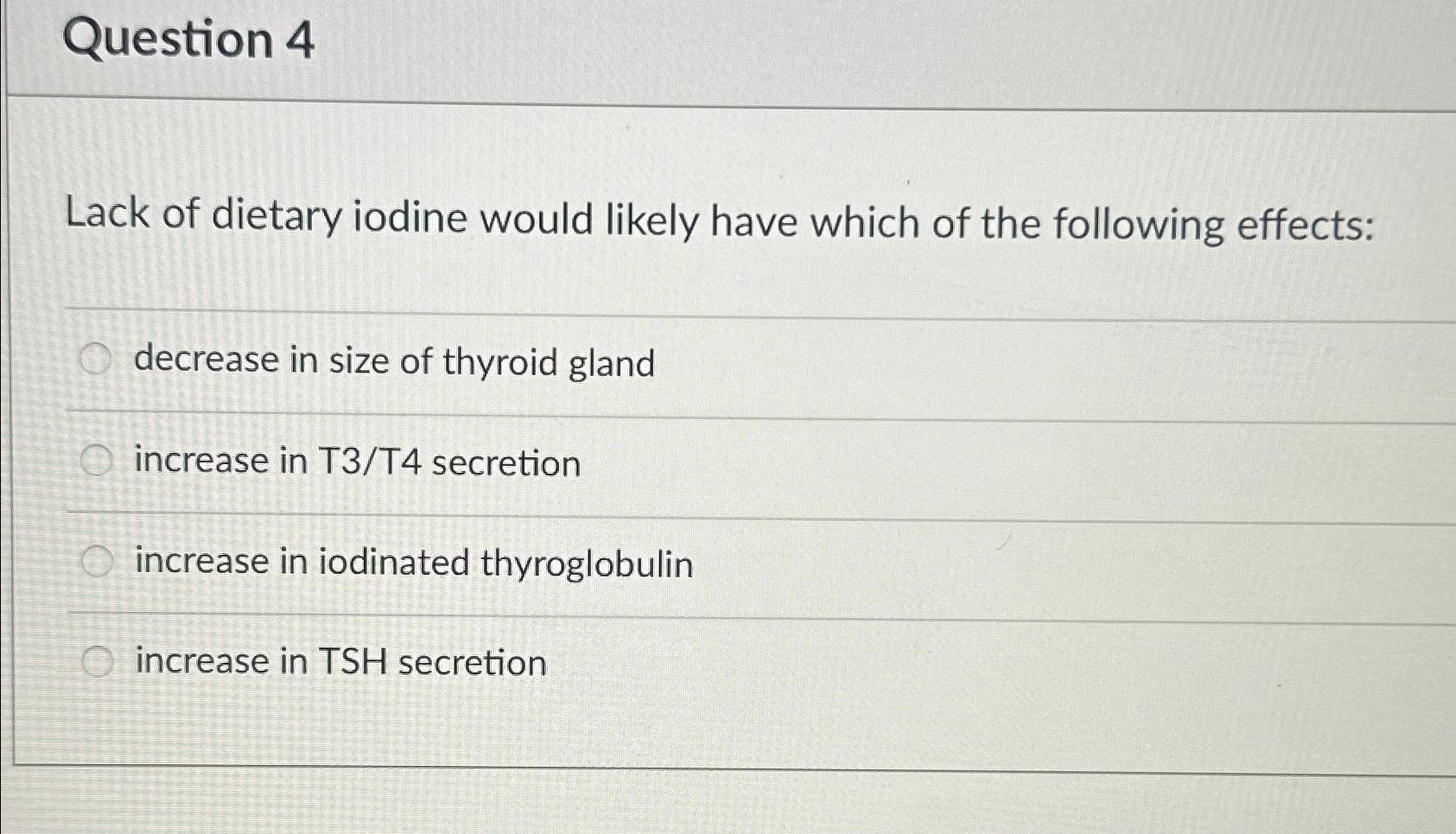 Solved Question 4Lack of dietary iodine would likely have | Chegg.com