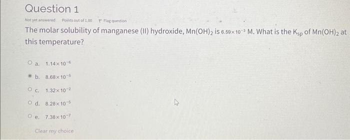 Solved The molar solubility of manganese (II) hydroxide, | Chegg.com