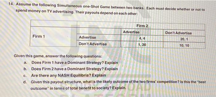 Solved 14. Assume the following Simultaneous one-Shot Game | Chegg.com