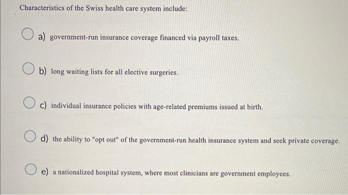 Solved Characteristics of the Swiss health care system | Chegg.com