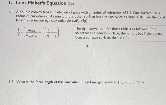 Solved I. Lens Maker's Equation (3p) 1.1 A double convex | Chegg.com