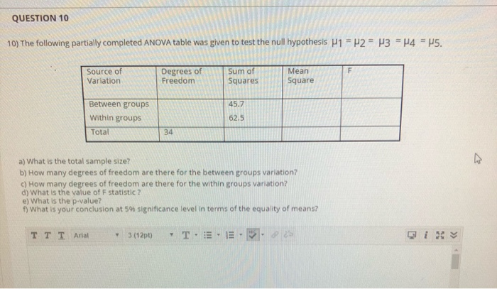 Solved QUESTION 10 10) The following partially completed | Chegg.com