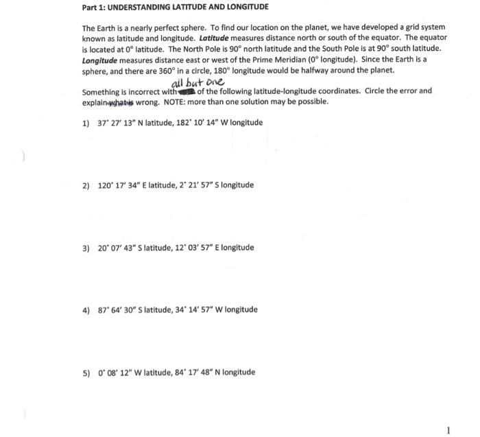 Solved Part 1: UNDERSTANDING LATITUDE AND LONGITUDE The | Chegg.com
