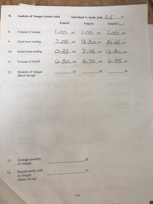 Solved B. Analysis of Vinegar (Acetic Acid) Trial Advertised | Chegg.com