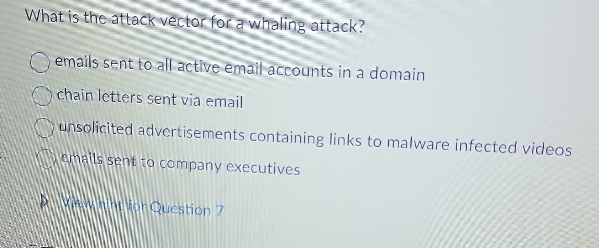 Solved What is the attack vector for a whaling attack? | Chegg.com