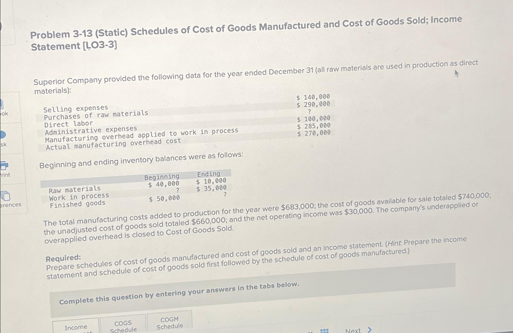 Solved Problem 3-13 (Static) Schedules of Cost of Goods | Chegg.com